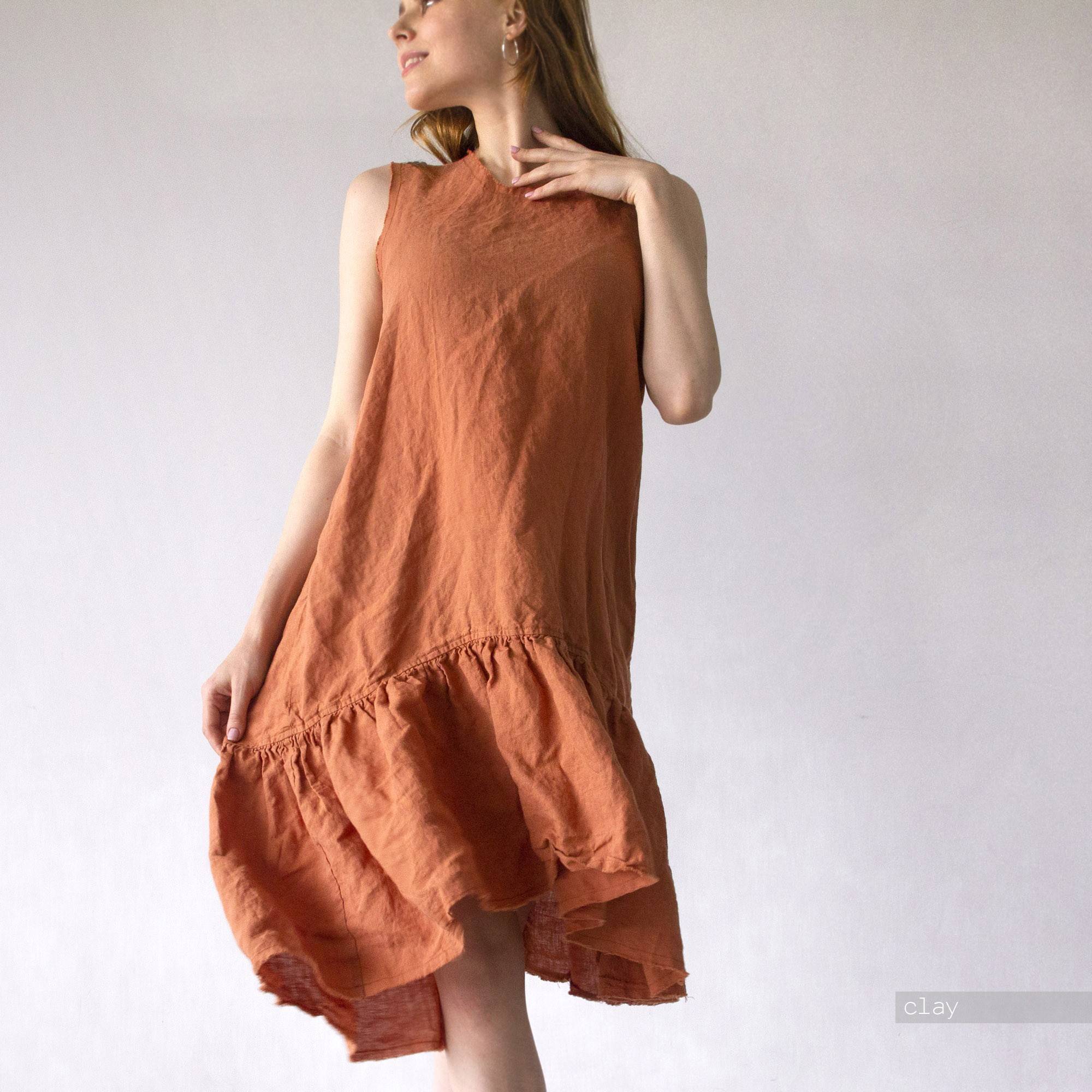 Linen dress ruffled sleeveless | Len.Ok